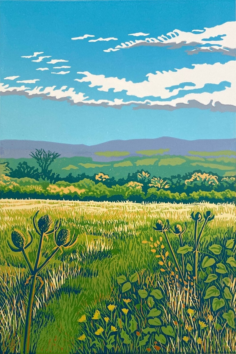 Landscape, Lino Print, Original Art, North Downs Way, Lino Cut, Blue ...