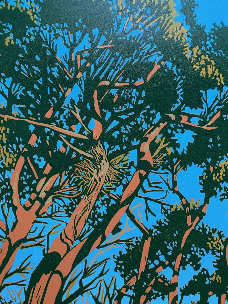 Landscape, Lino Print, Original Art, Pine Trees, Morning Sun, Lino Cut ...