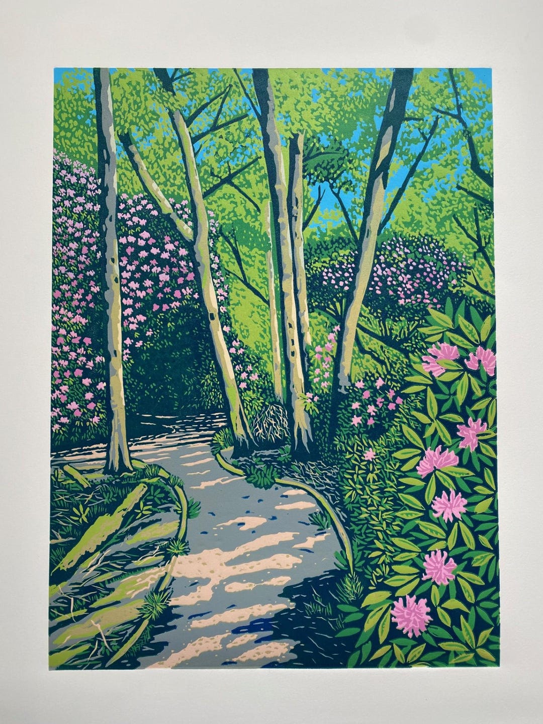 Landscape, Lino Print, Original Art, Rhododendrons, Lino Cut, Woodland ...