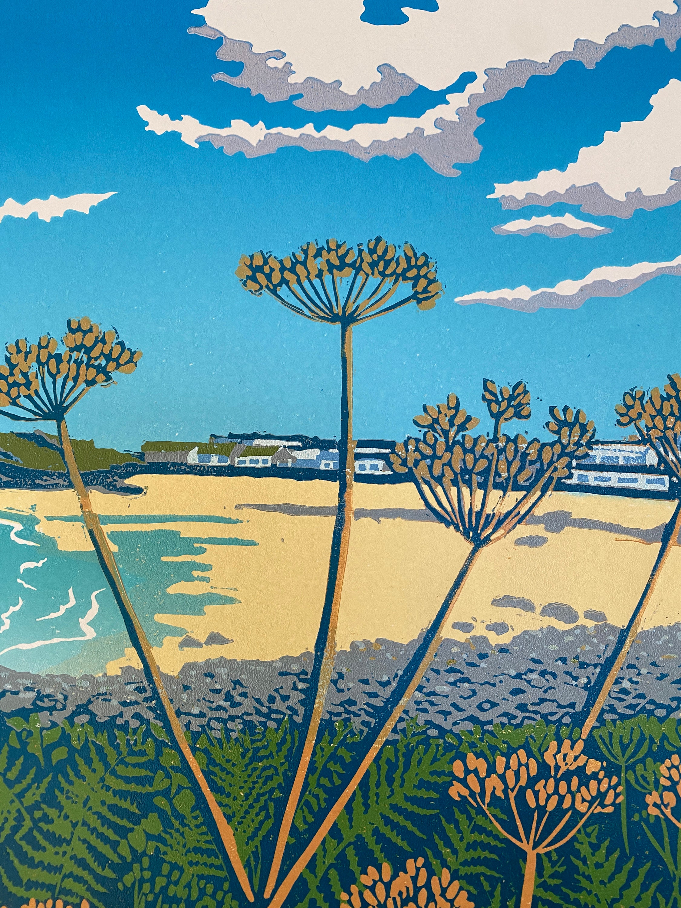 Landscape, Lino Print, Original Art, Porthmeor Beach, St Ives, Cornwall ...