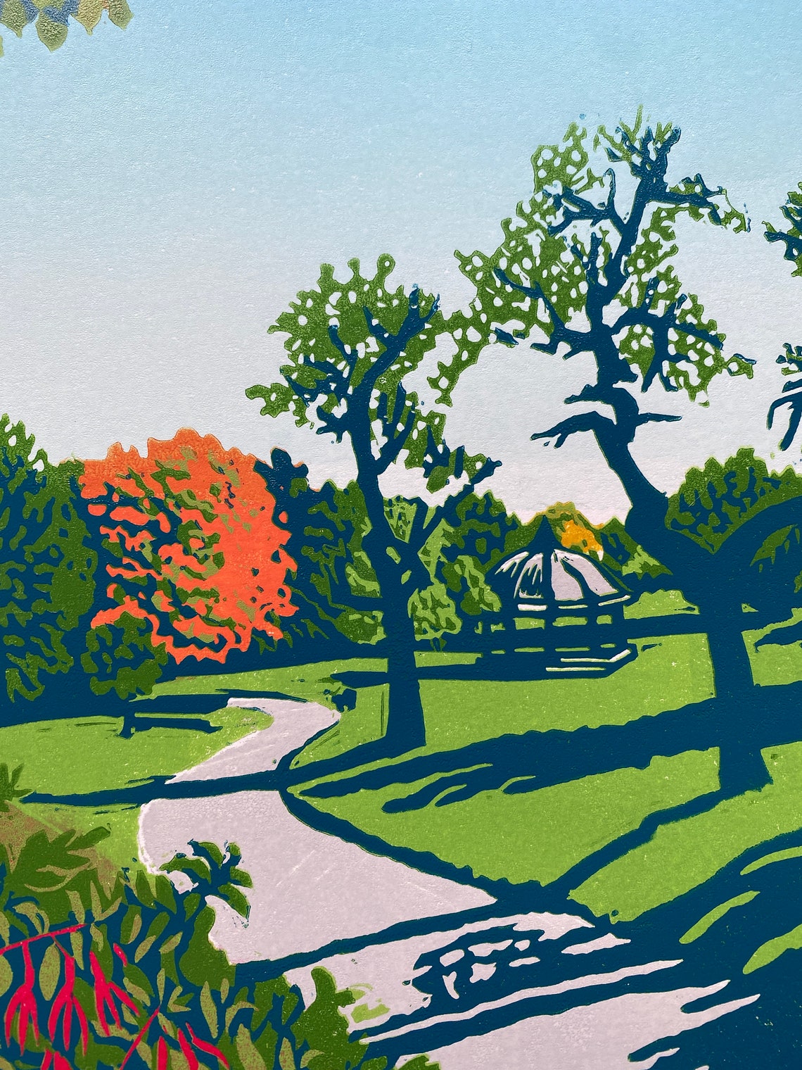 Landscape, Lino Print, Original Art, Godalming, Surrey, Lino Cut, Green ...
