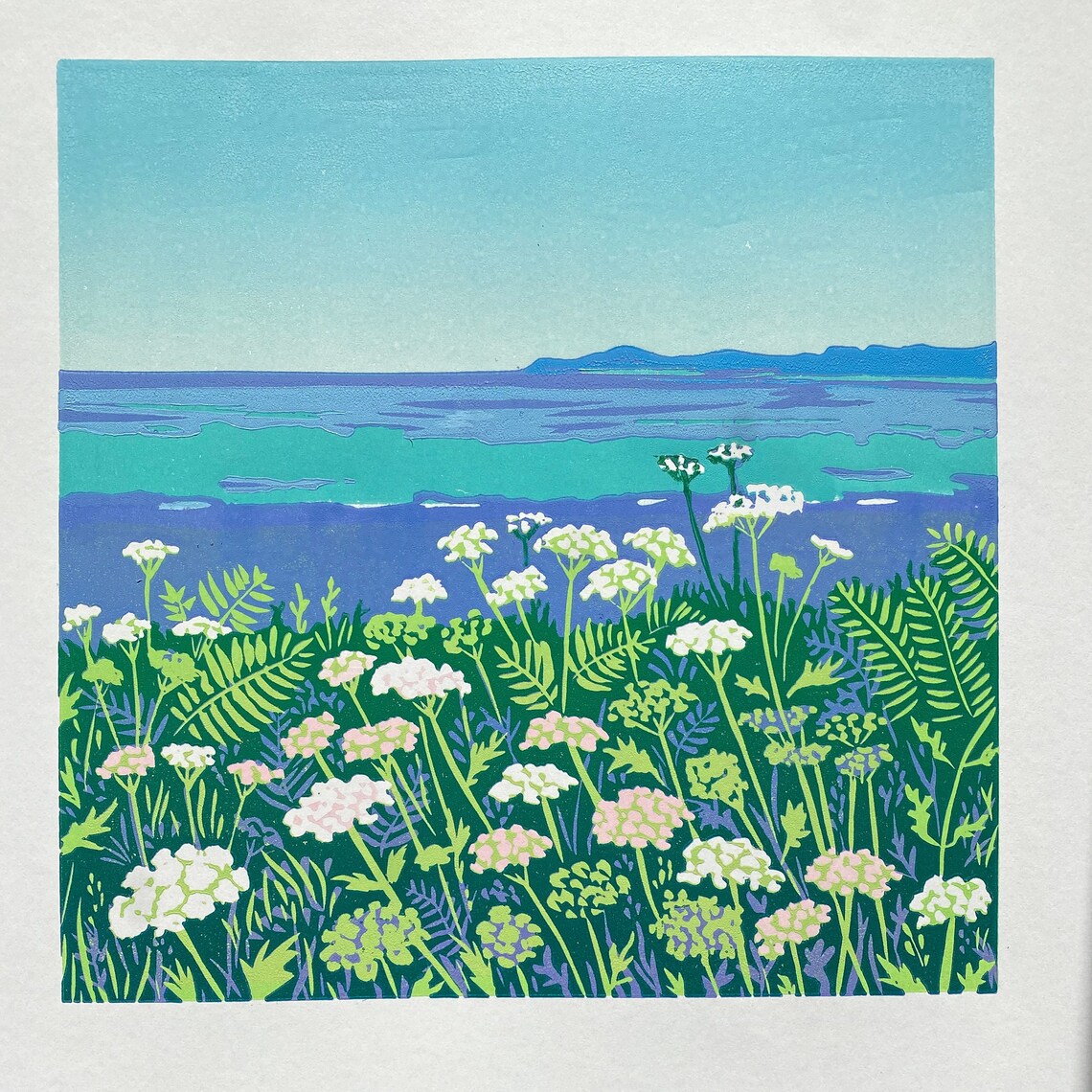 Landscape Lino Print Original Art Sea Wildflowers - Etsy