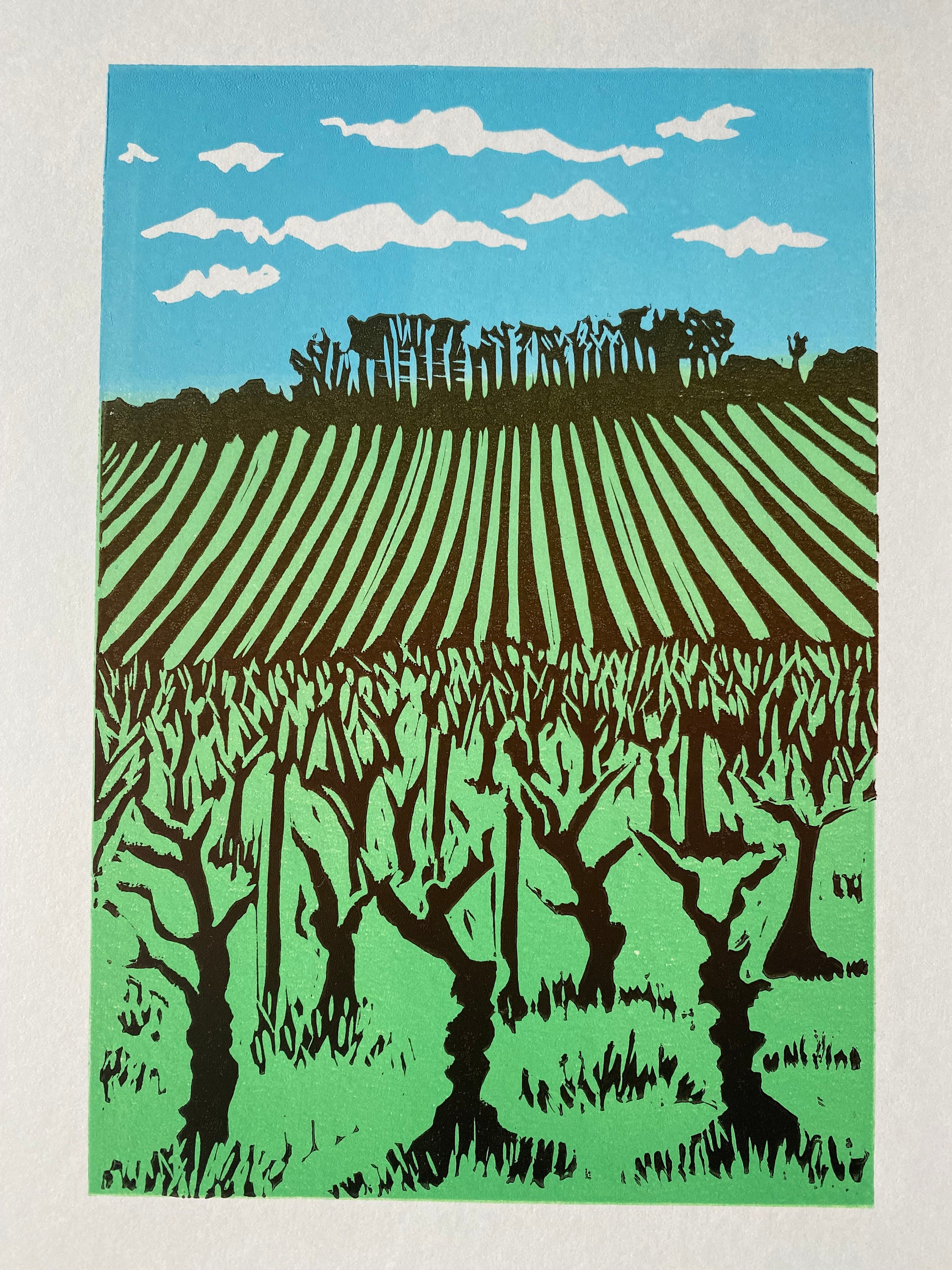 Landscape, Lino Print, Original Art, Denbies Vineyard, Surrey, Lino Cut ...