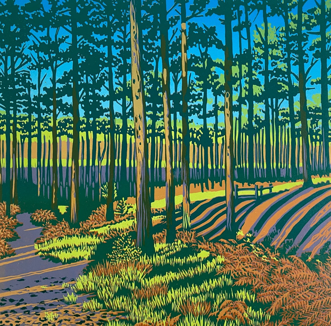 Landscape, Lino Print, Original Art, Bourne Woods, Surrey Landscape ...