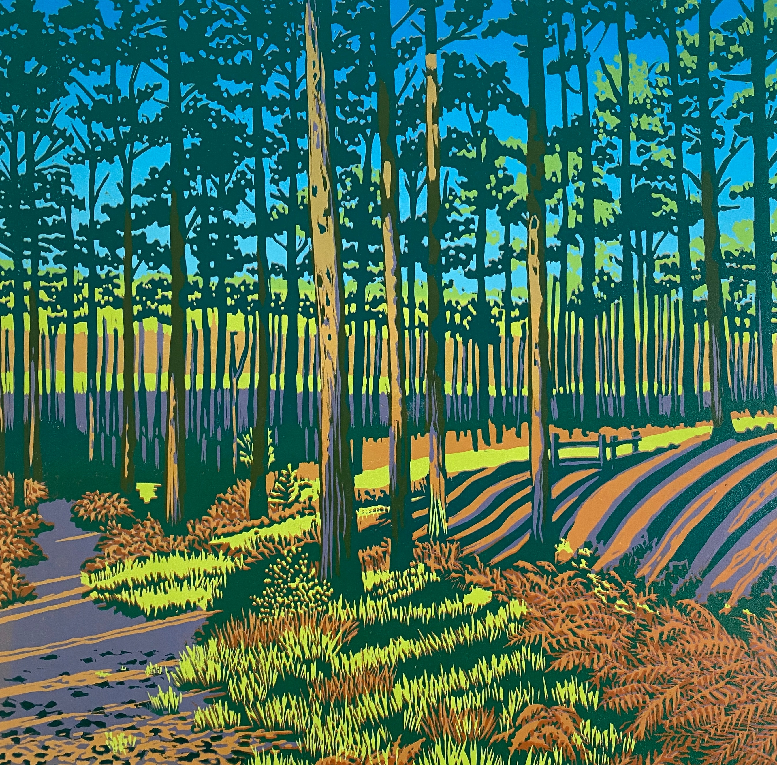 Landscape, Lino Print, Original Art, Bourne Woods, Surrey Landscape ...