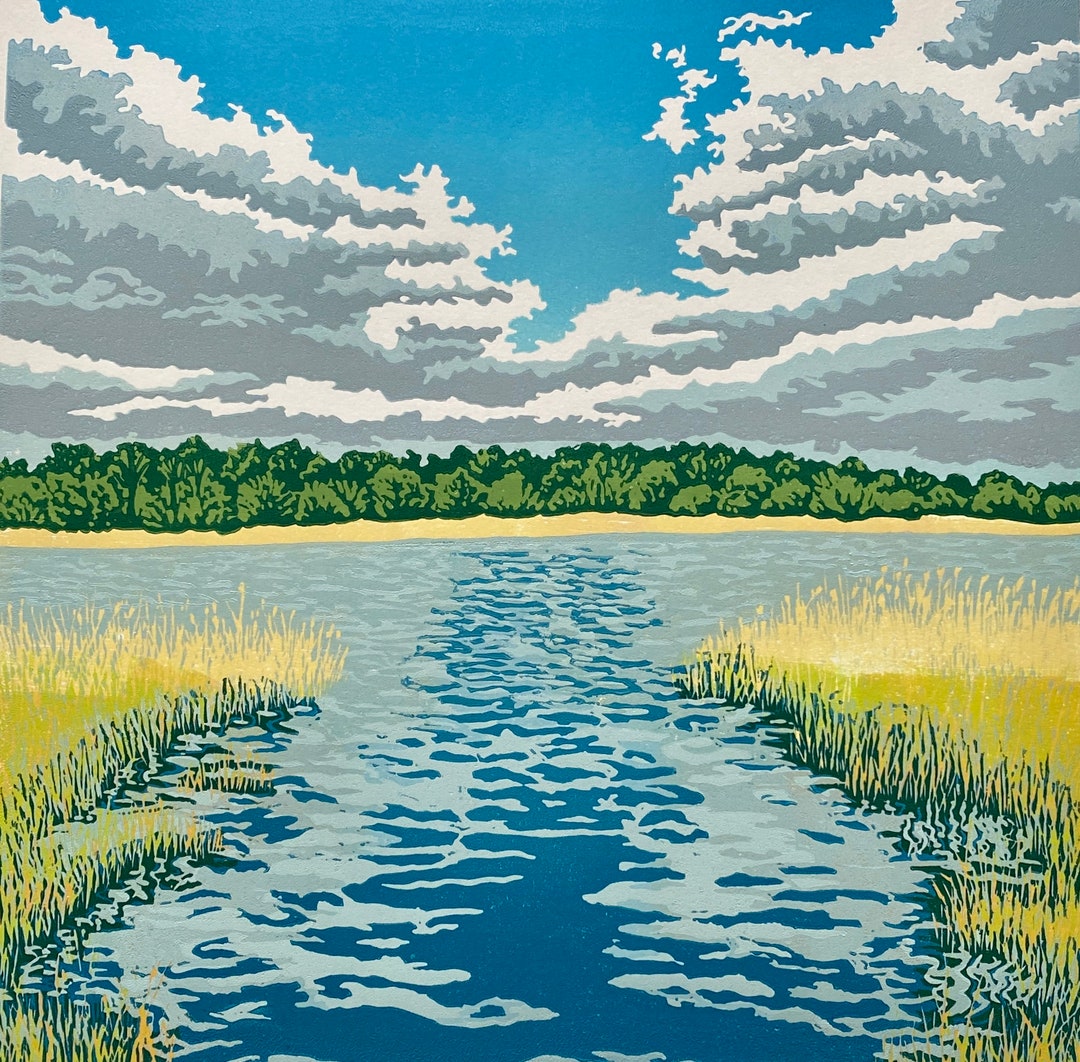 Landscape, Lino Print, Original Art, Reflections, Frensham Ponds ...