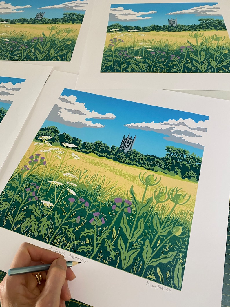 Landscape, Lino Print, Original Art, Bishop's Meadow, Farnham Surrey ...