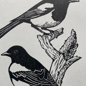 Magpie Lino Print, Original Bird Art, Hand Printed Wall Art, Two for ...