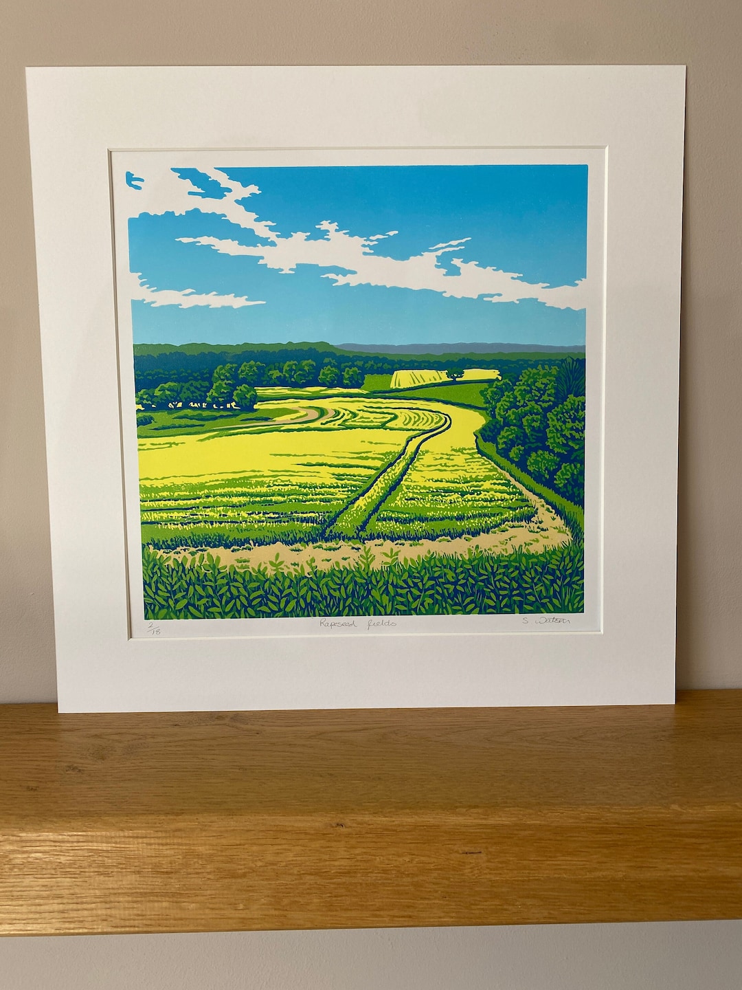Landscape, Lino Print, Original Art, Rapeseed Fields, Lino Cut, Green ...