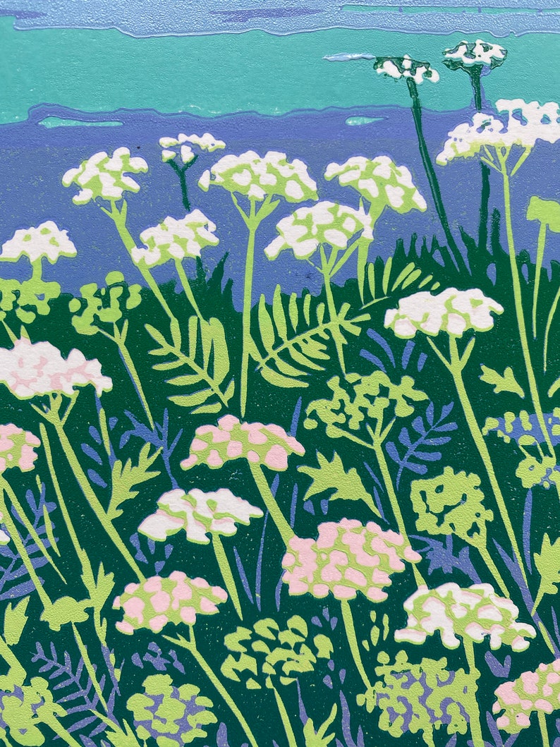 Landscape Lino Print Original Art Sea Wildflowers - Etsy