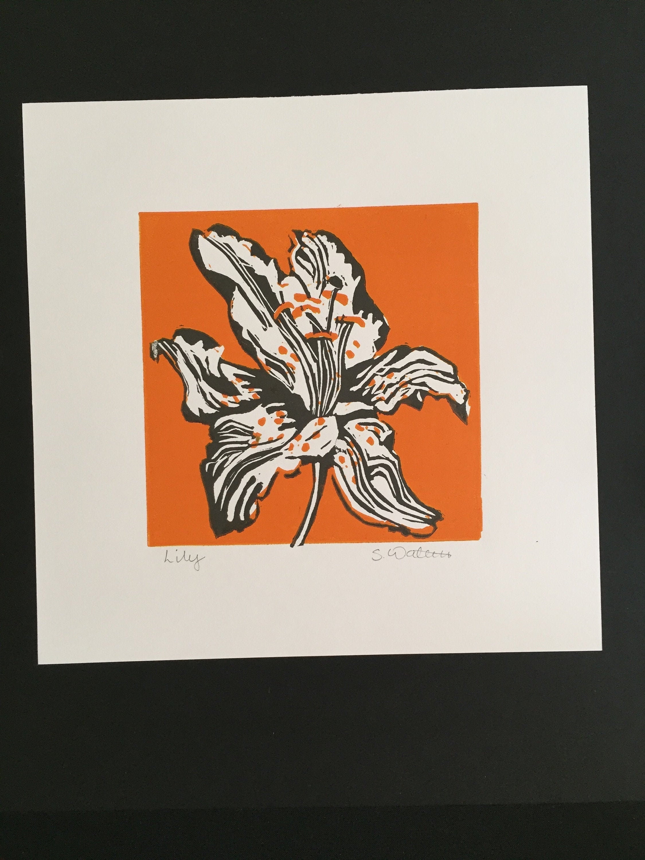 Lily linocut lino print flowers orange original art print | Etsy