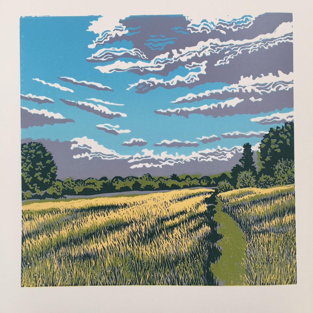 Landscape, Lino Print, Original Art, Farnham, Surrey, Lino Cut, Purple ...