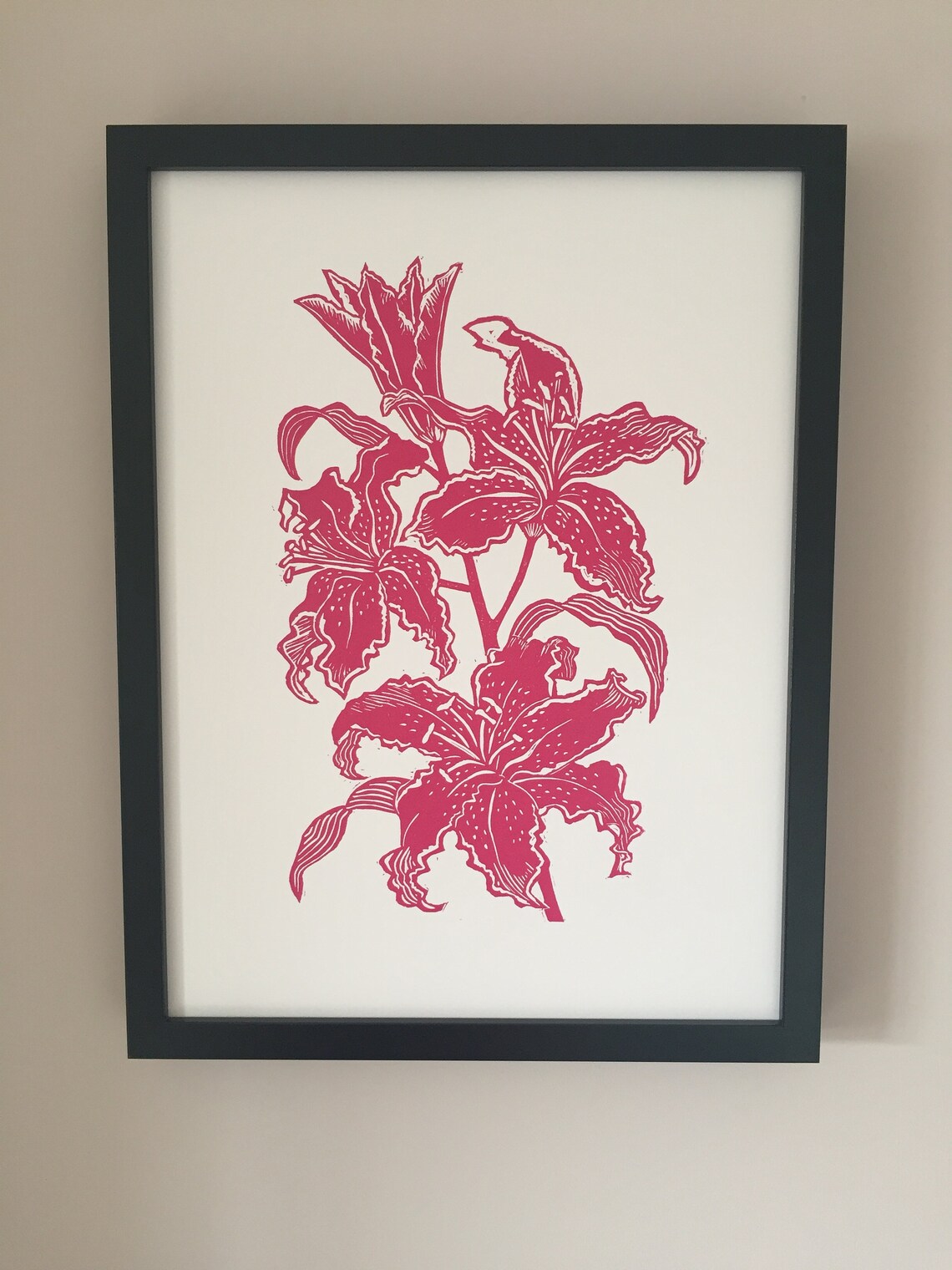 Lino print Flowers Lilies Lino cut Pink Wall art Print | Etsy