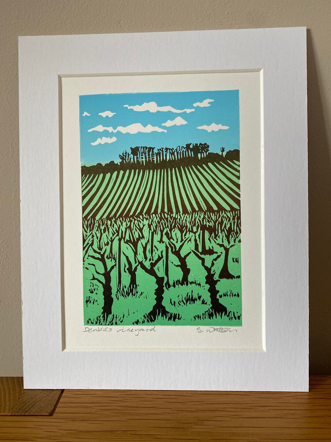 Landscape, Lino Print, Original Art, Denbies Vineyard, Surrey, Lino Cut ...