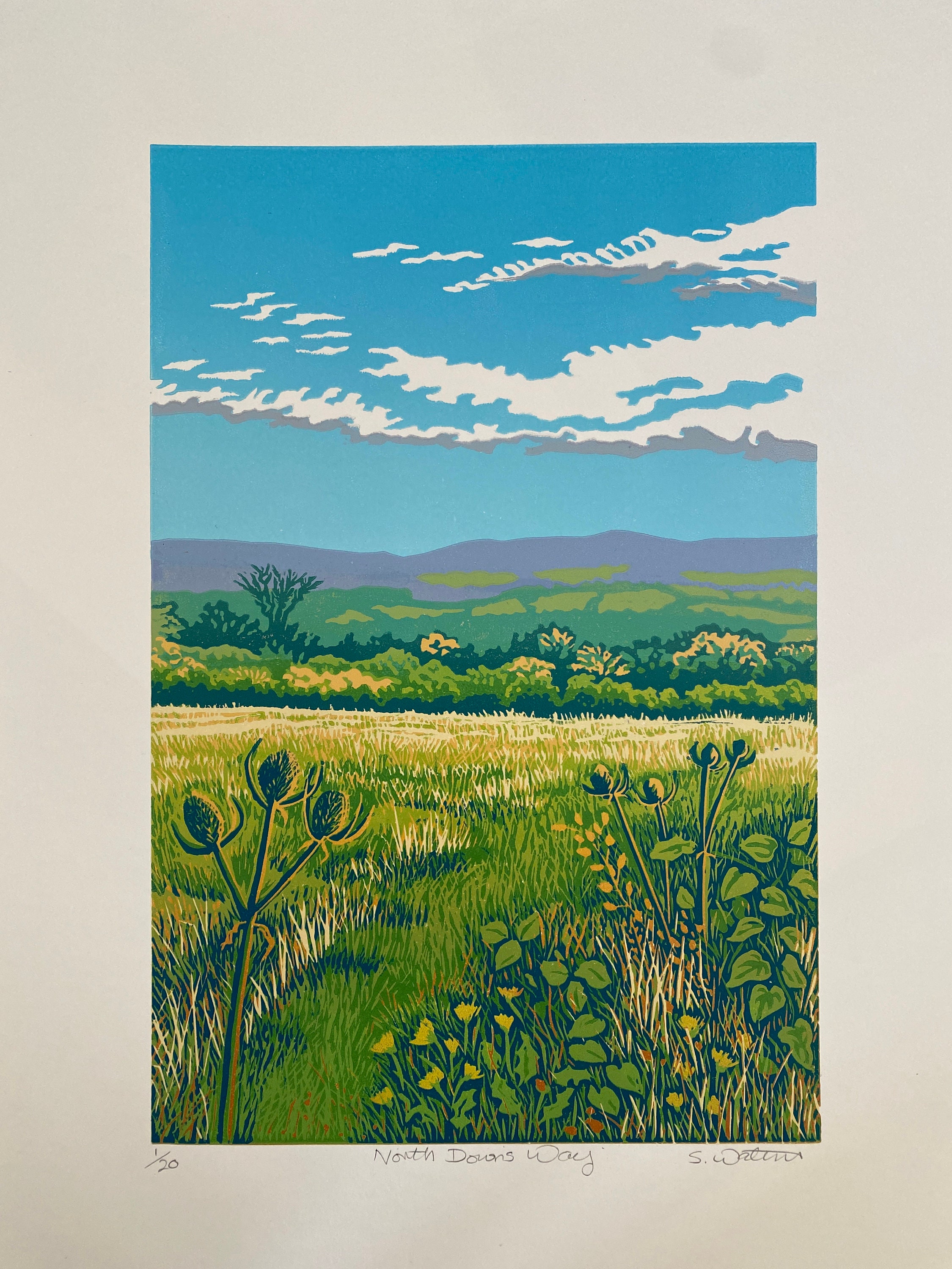 Landscape, Lino Print, Original Art, North Downs Way, Lino Cut, Blue ...
