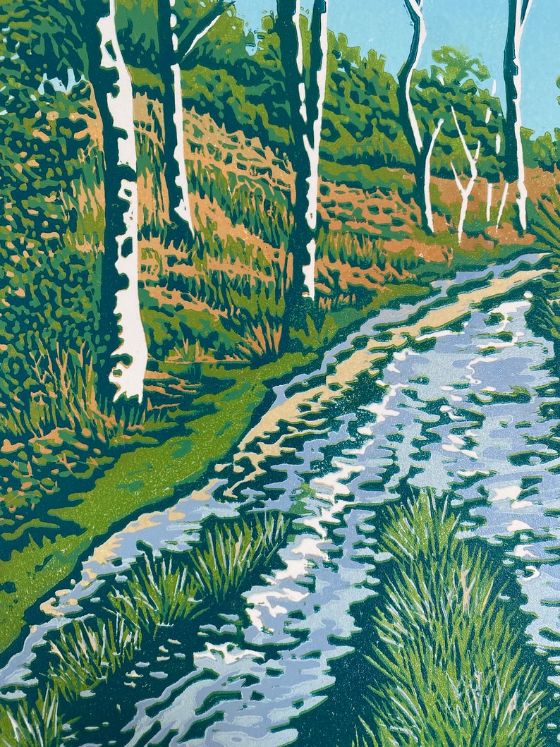 Landscape, Lino Print, Original Art, Frensham Common, Lino Cut, Blue ...
