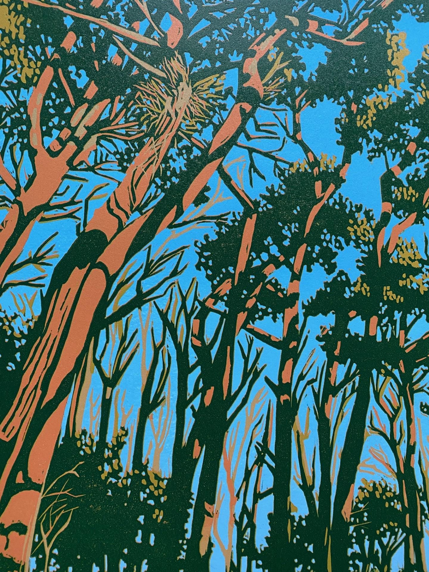 Landscape, Lino Print, Original Art, Pine Trees, Morning Sun, Lino Cut ...