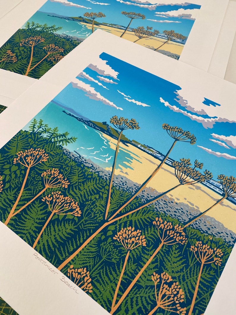 Landscape, Lino Print, Original Art, Porthmeor Beach, St Ives, Cornwall ...