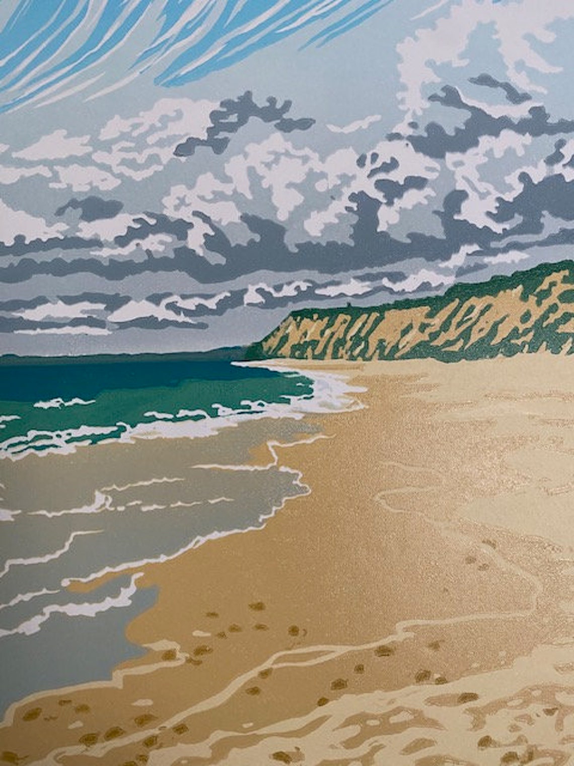 Landscape, Lino Print, Original Art, Hengistbury Head Beach, Dorset ...