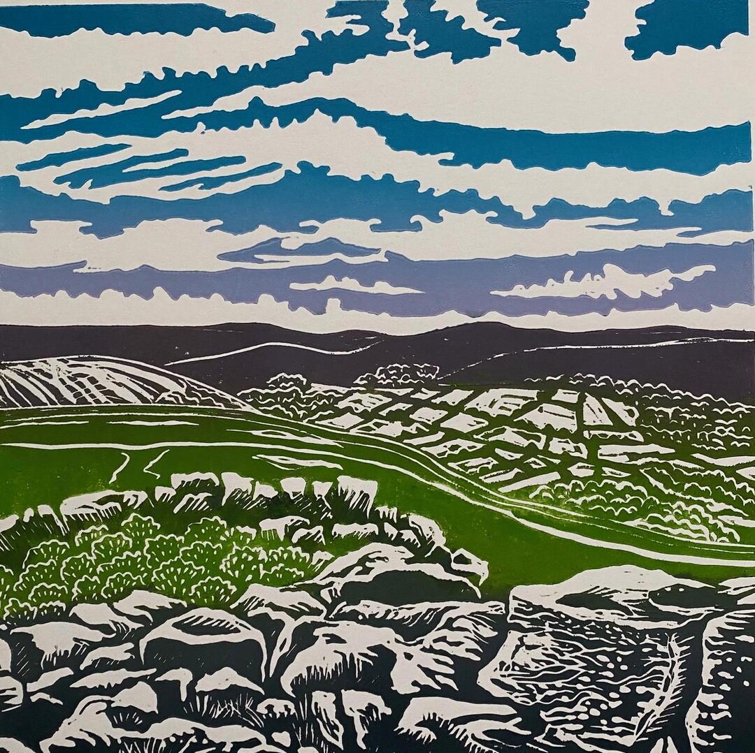 Landscape, Lino Print, Original Art, Yorkshire, Wharfedale, Hills ...
