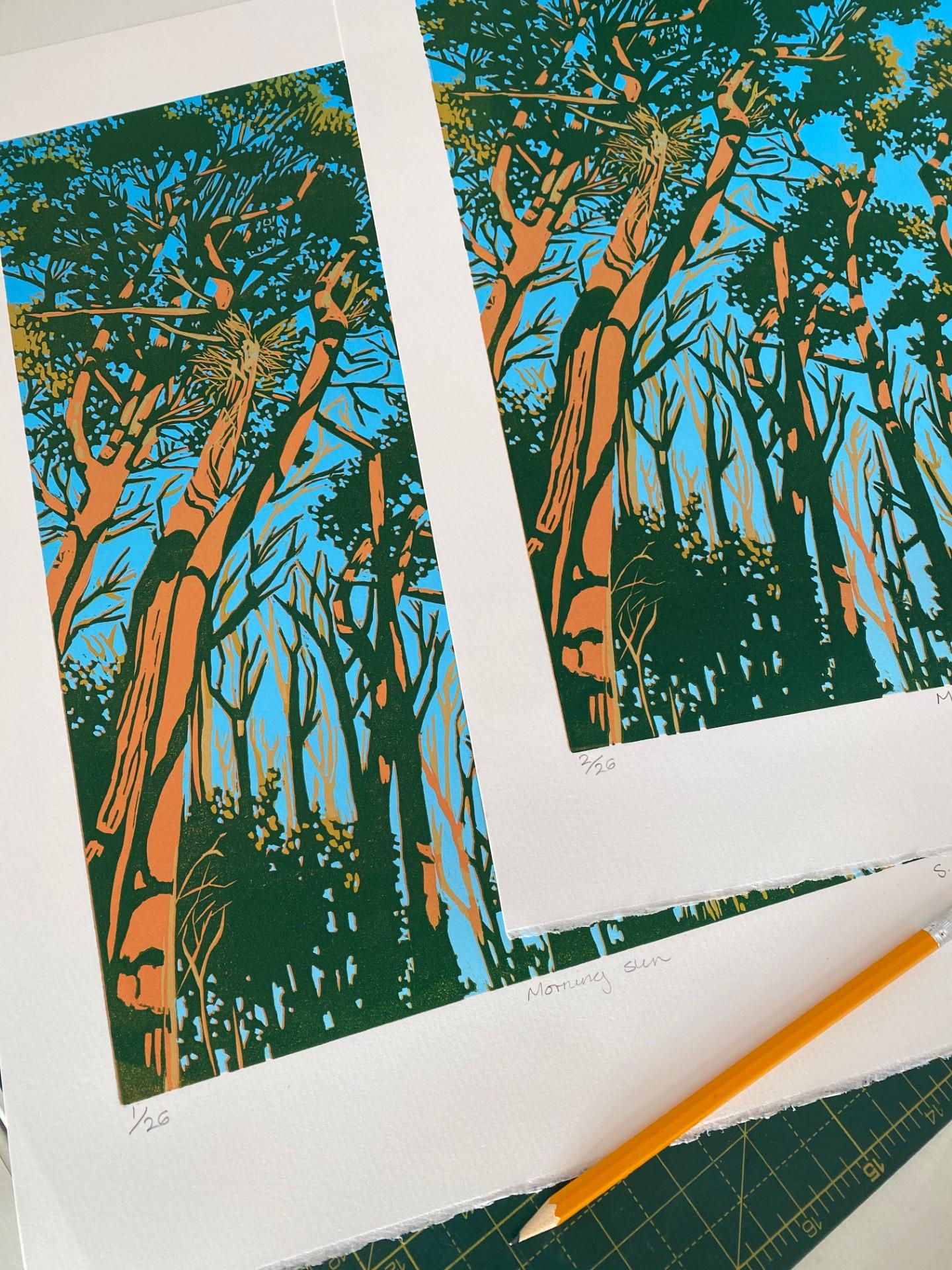 Landscape, Lino Print, Original Art, Pine Trees, Morning Sun, Lino Cut ...