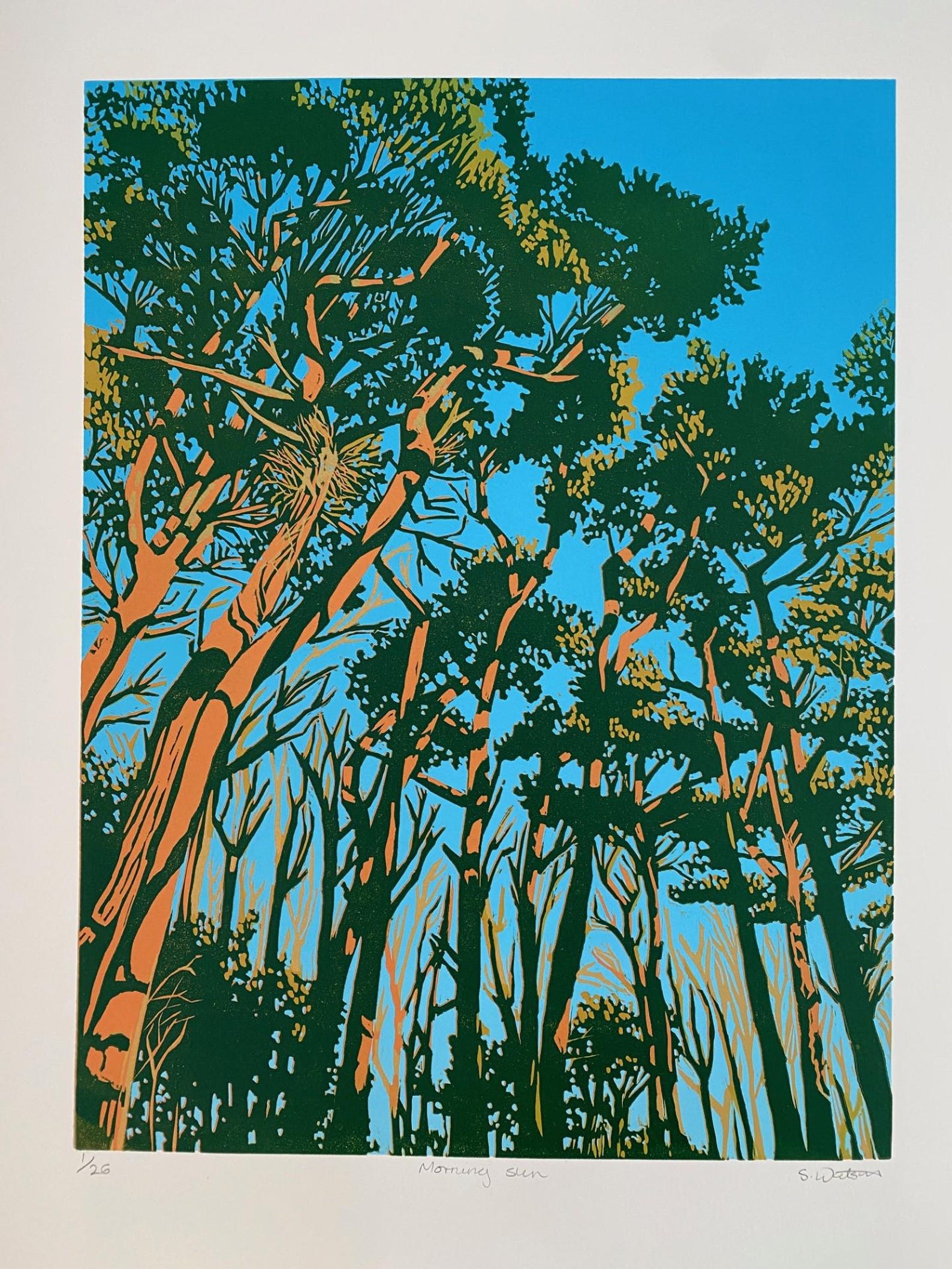 Landscape, Lino Print, Original Art, Pine Trees, Morning Sun, Lino Cut ...