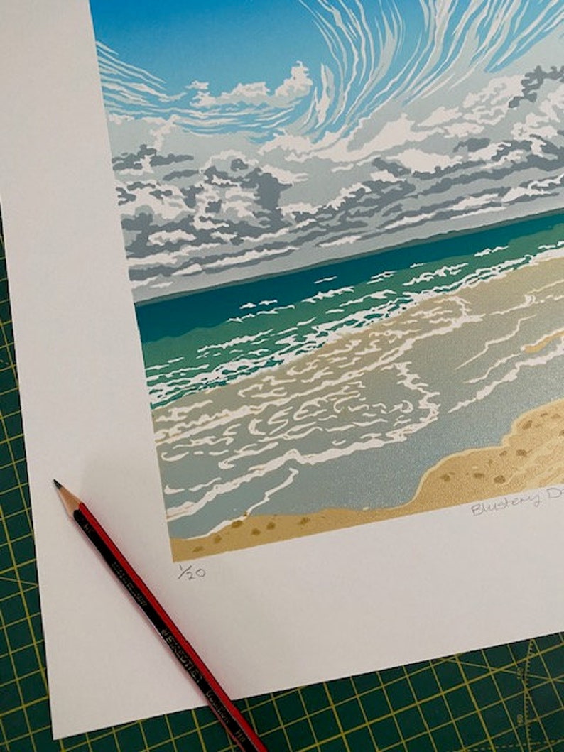 Landscape, Lino Print, Original Art, Hengistbury Head Beach, Dorset ...
