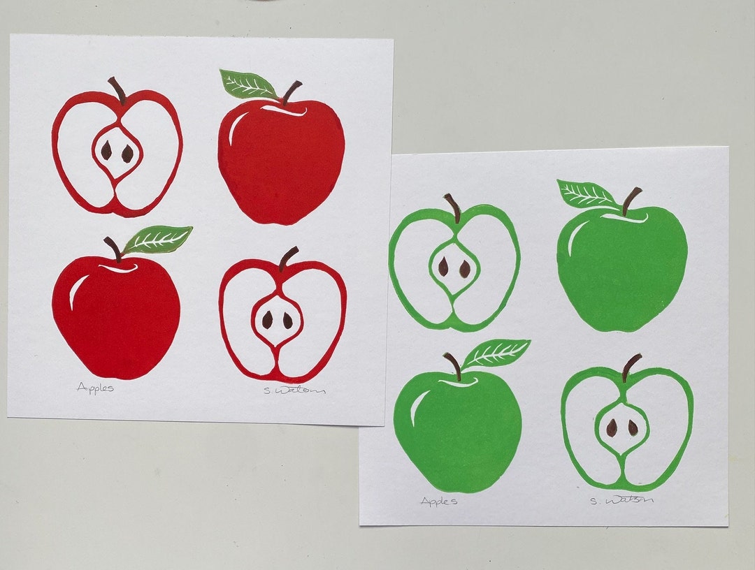 Apples Lino Print, Hand Printed, Fruit, Green Apples, Lino Cut ...