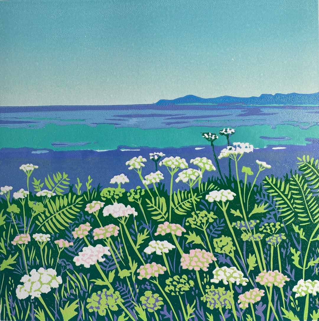 Landscape, Lino Print, Original Art, Sea, Wildflowers, Cornwall , Lino ...