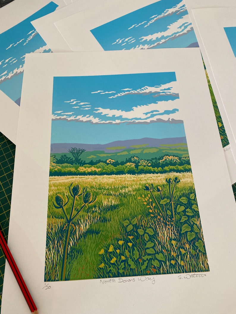 Landscape, Lino Print, Original Art, North Downs Way, Lino Cut, Blue ...