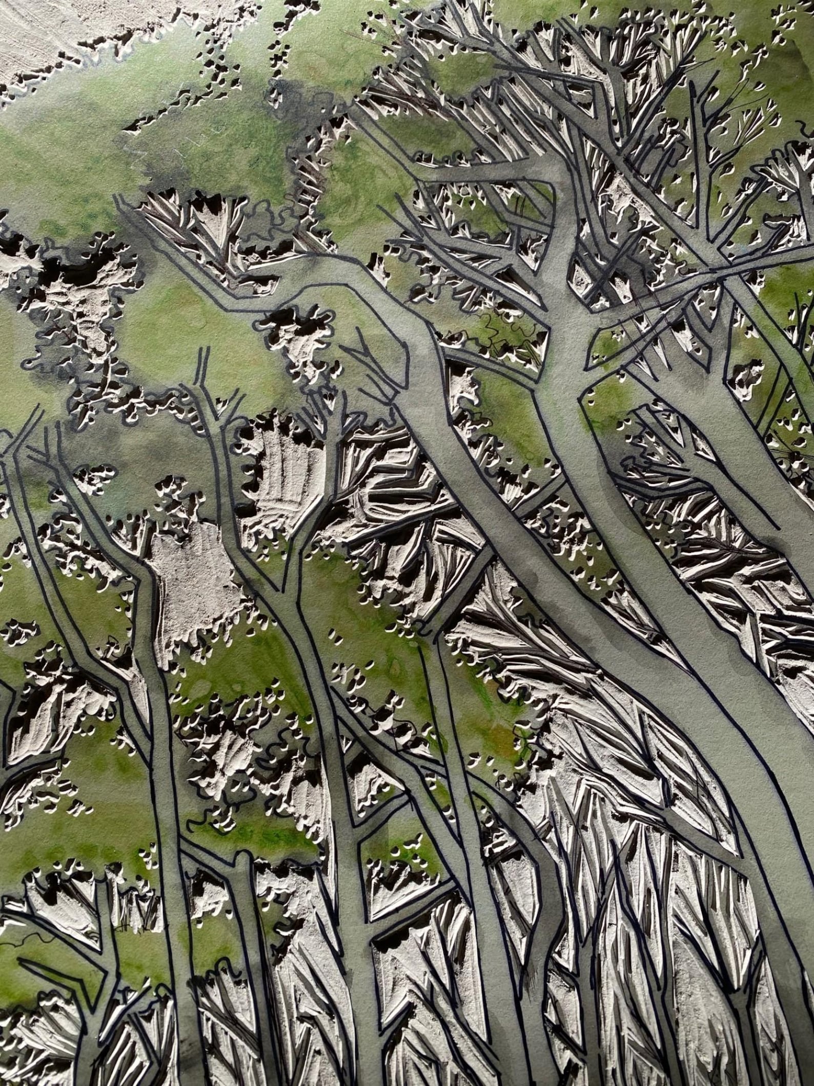 Landscape, Lino Print, Original Art, Pine Trees, Morning Sun, Lino Cut ...