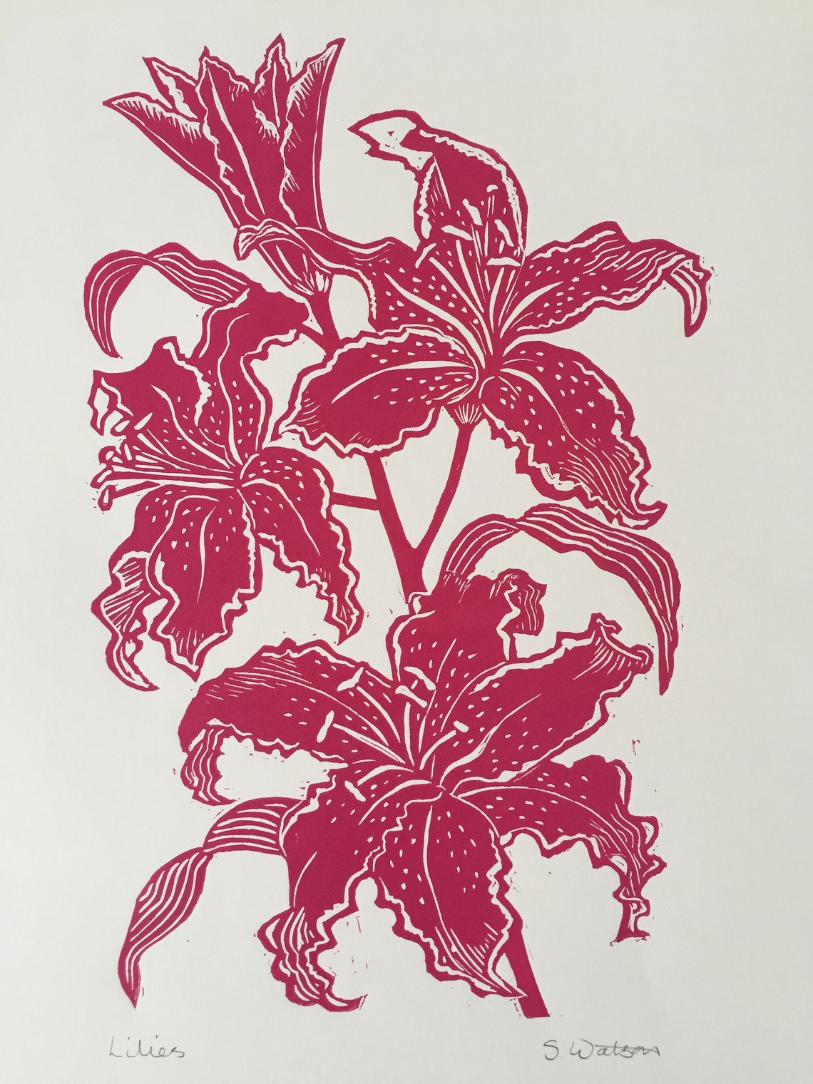 Lino print Flowers Lilies Lino cut Pink Wall art Print | Etsy