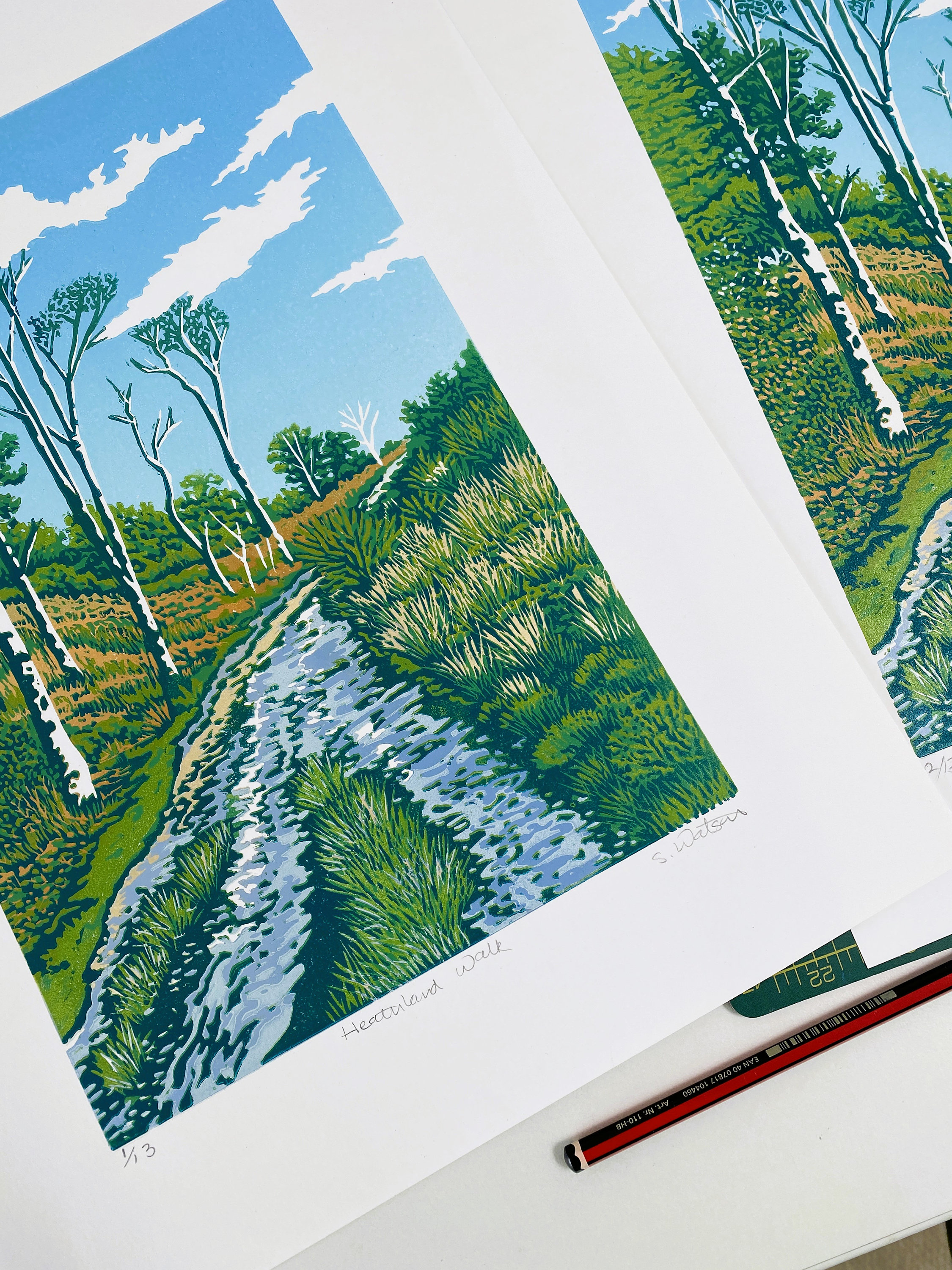 Landscape, Lino Print, Original Art, Frensham Common, Lino Cut, Blue ...