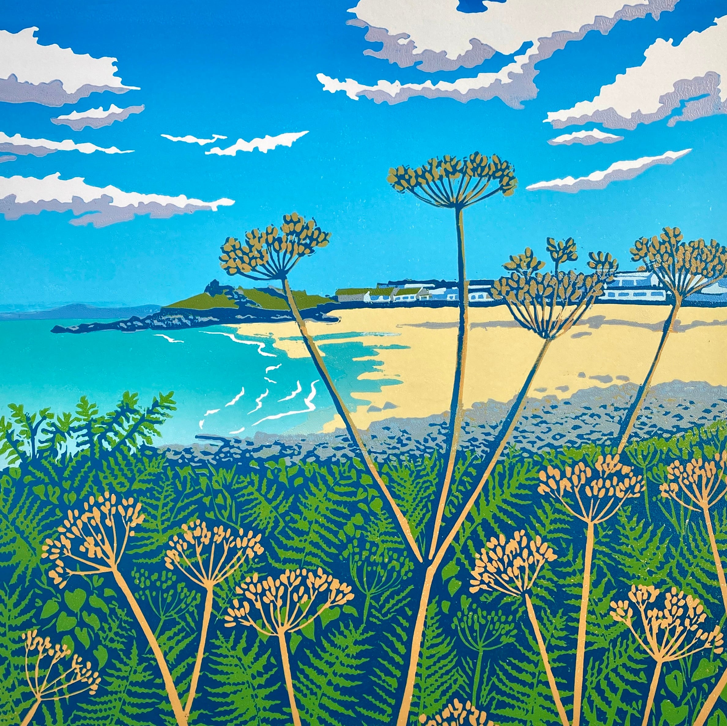 Landscape, Lino Print, Original Art, Porthmeor Beach, St Ives, Cornwall ...