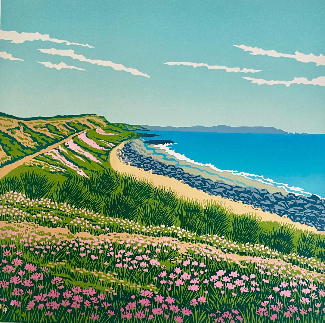 Landscape, Lino Print, Original Art, Barton on Sea, Hampshire, Coast ...
