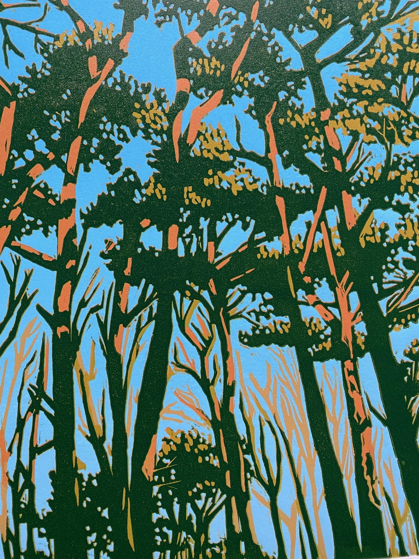 Landscape, Lino Print, Original Art, Pine Trees, Morning Sun, Lino Cut ...