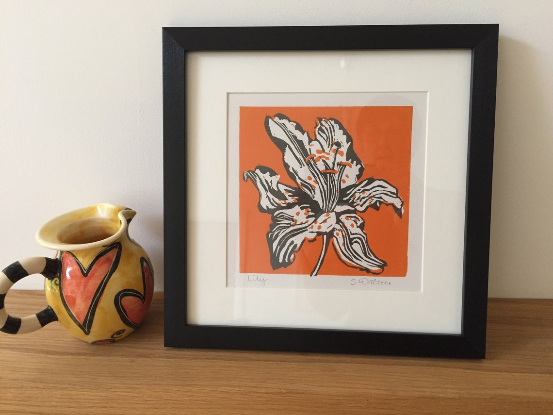 Lily Linocut, Lino Print, Flowers, Orange, Original Art Print, Wall Art ...