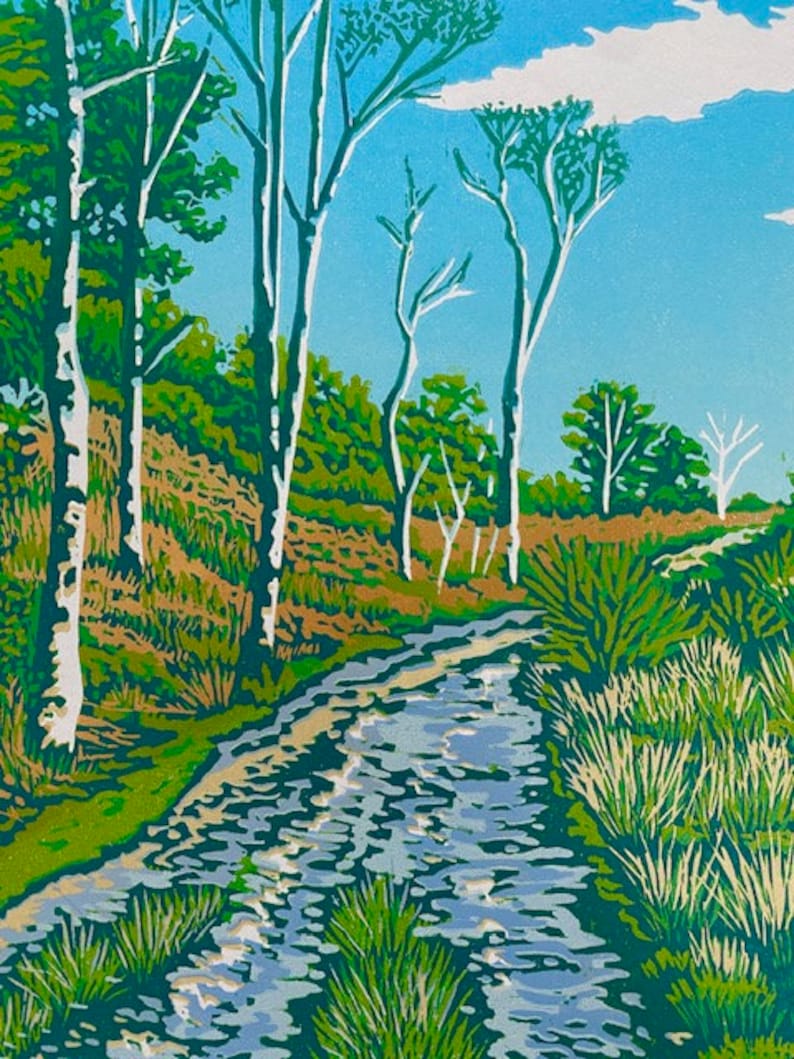 Landscape, Lino Print, Original Art, Frensham Common, Lino Cut, Blue ...