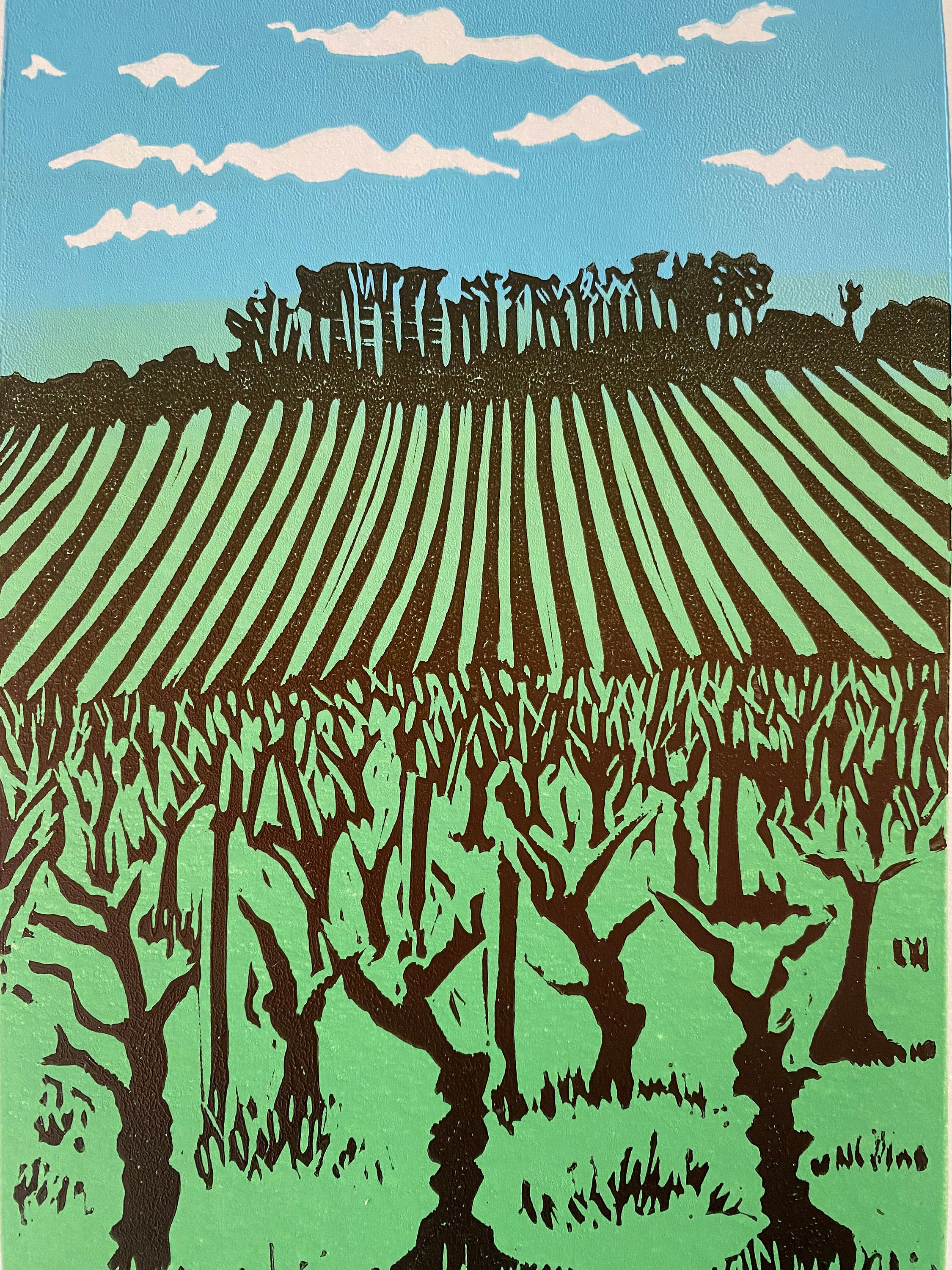 Landscape, Lino Print, Original Art, Denbies Vineyard, Surrey, Lino Cut ...