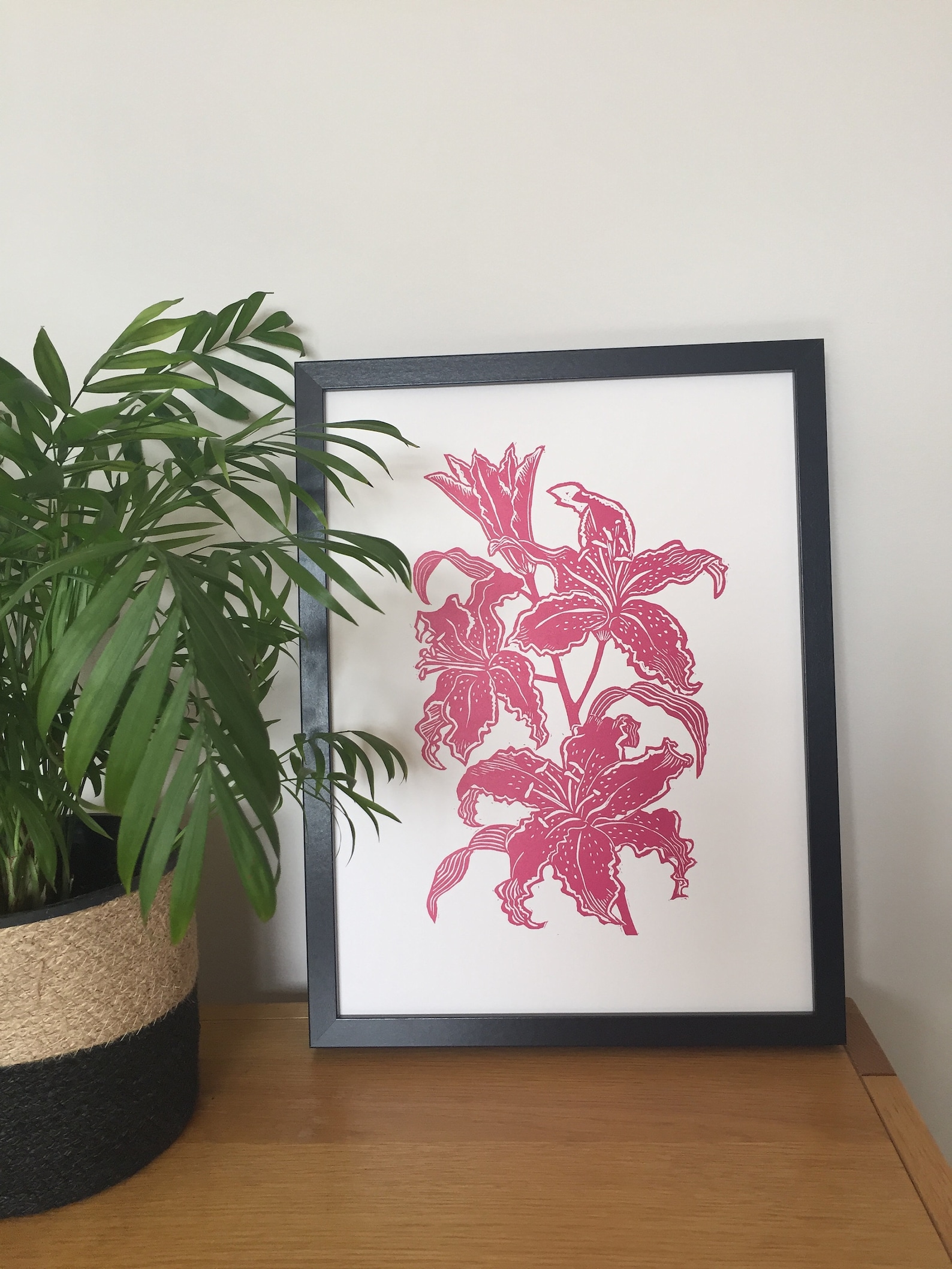 Lino print Flowers Lilies Lino cut Pink Wall art Print | Etsy