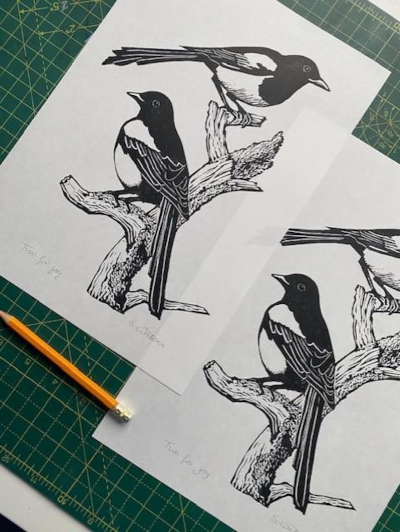 Magpie Lino Print, Original Bird Art, Hand Printed Wall Art, Two for ...
