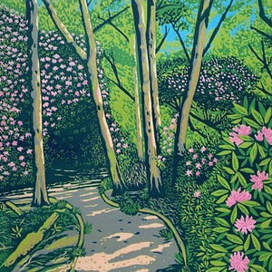 Landscape, Lino Print, Original Art, Rhododendrons, Lino Cut, Woodland ...