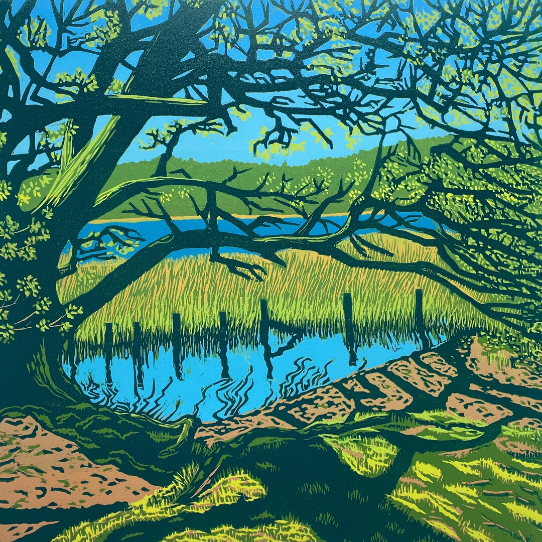 Landscape, Lino Print, Original Art, Frensham Little Pond, Surrey ...