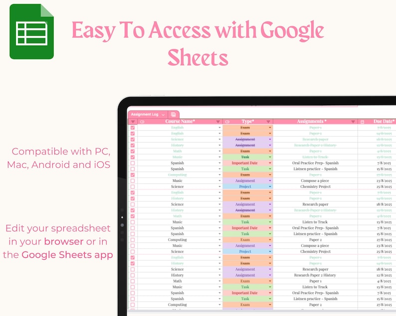 Pink Assignment Tracker Google Sheets University College Student ...