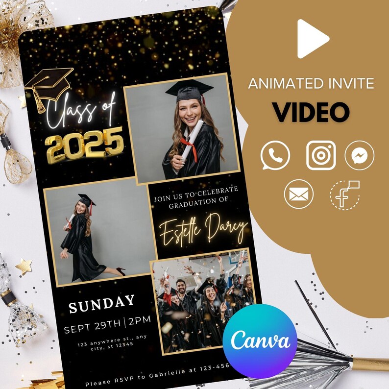 Digital Graduation Party Invitation, Animated Gold College Announcement ...