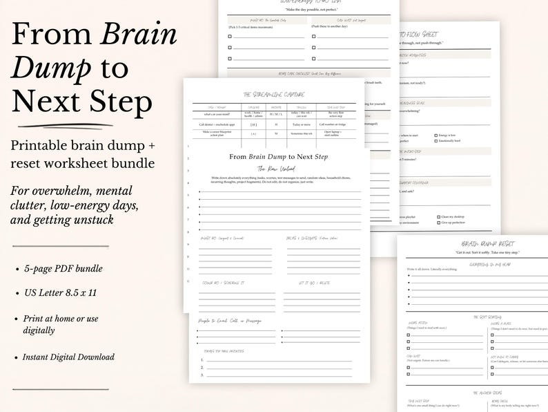 Printable Brain Dump Worksheet Bundle, ADHD Overwhelm Reset, Low Energy ...