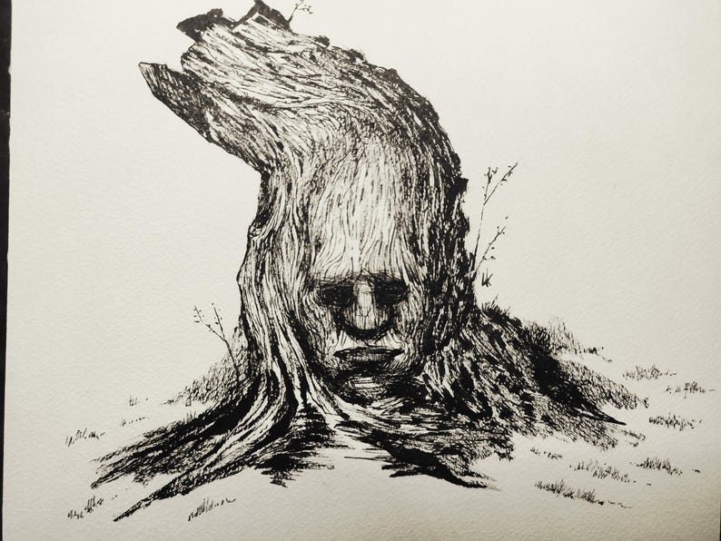 Dark Fantasy Ink Drawing - Ancient Tree With Face Emerging From Trunk ...
