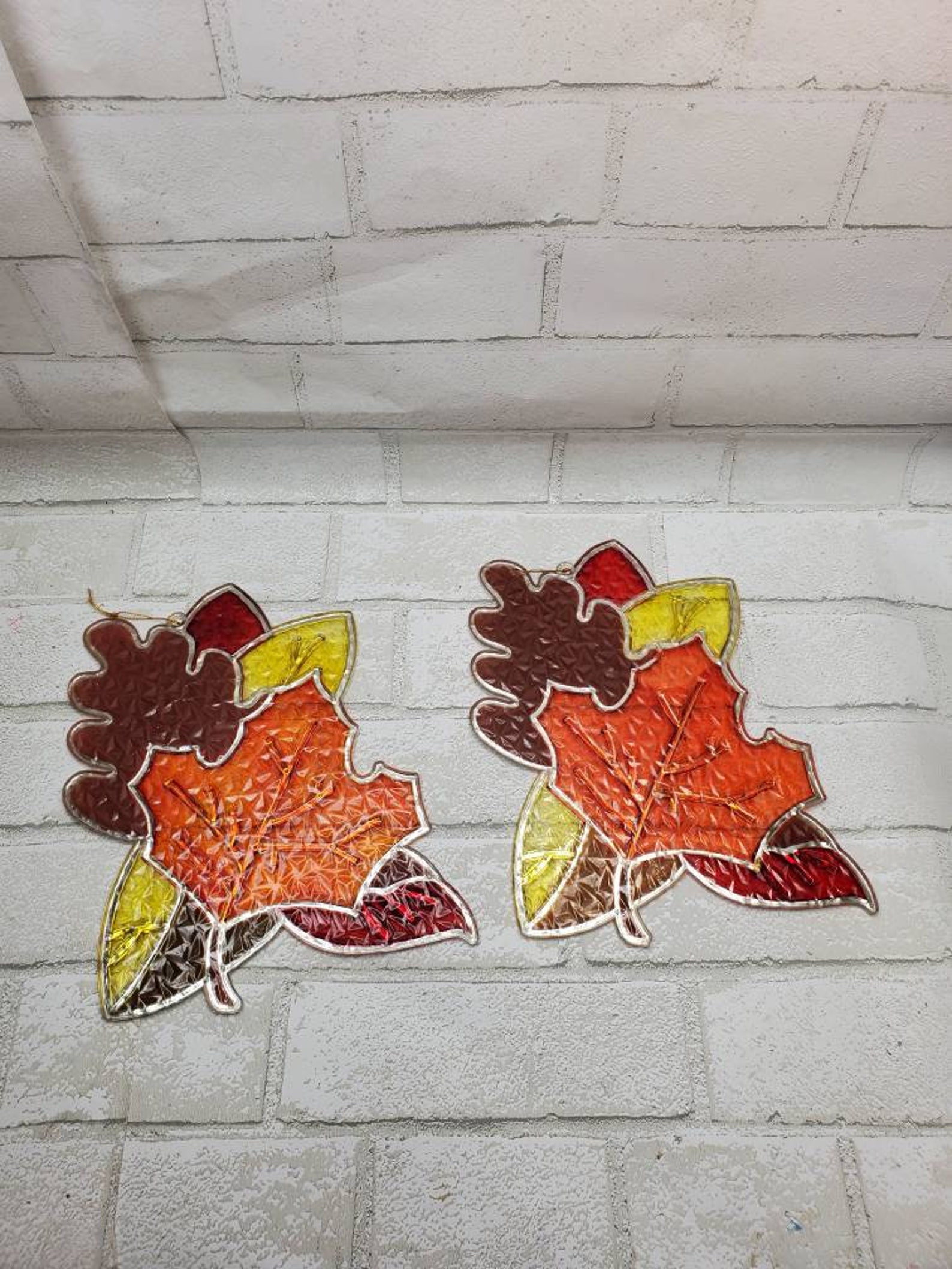 Vtg Plastic Stained Glass Window Hanging Fall Leaves Plastic | Etsy
