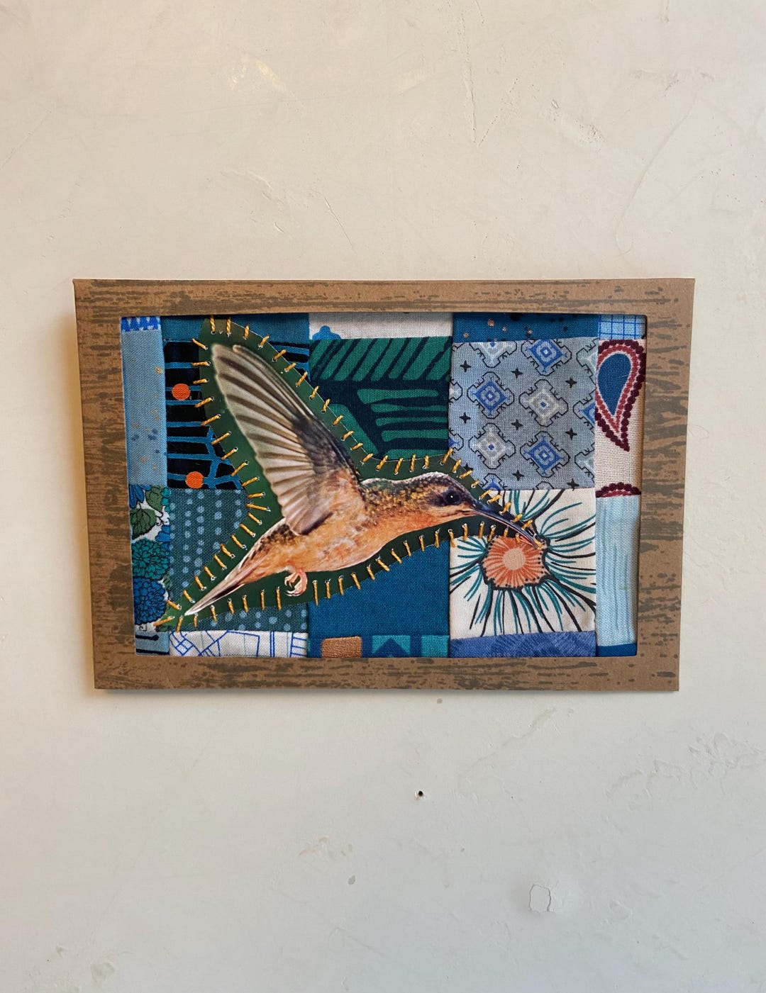 Unique Hummingbird Quilted Patchwork Fabric Collage Small Wall Art Hand ...