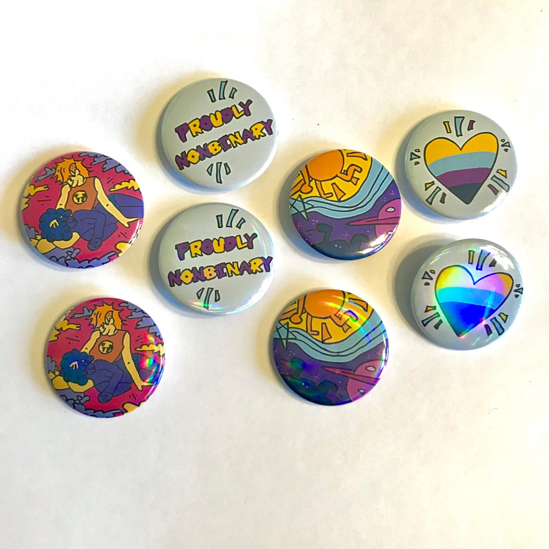 4 Pack Holographic or Plain 80's Inspired Nonbinary Button Pins ( 37 Mm ...
